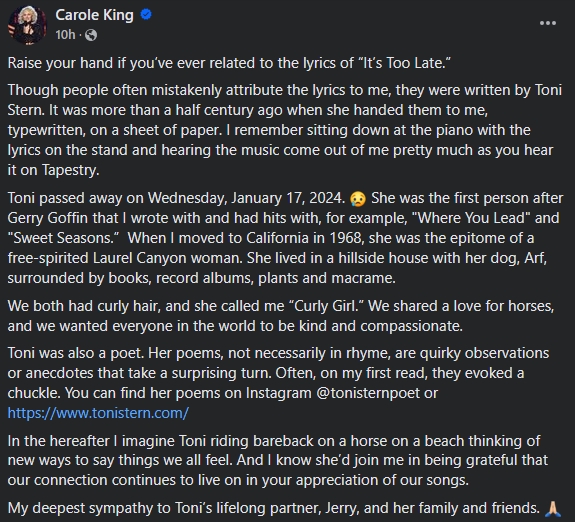 Toni Stern (Carole King collaborator) passed away Jan. 17, 2024 | Steve ...